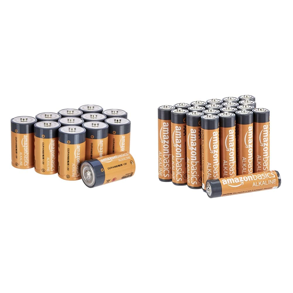 Amazon Basics 12 Pack C Cell All-Purpose Alkaline Batteries, 5-Year Shelf Life, Easy to Open Value Pack & 20 Pack AAA High-Performance Alkaline Batteries, 10-Year Shelf Life, Easy to Open Value Pack