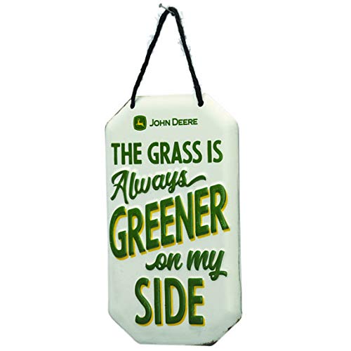 Open Road Brands John Deere Grass is Greener On My Side Embossed Metal Hanging Sign - Small John Deere Sign for Home Decorating - Great Gift Idea