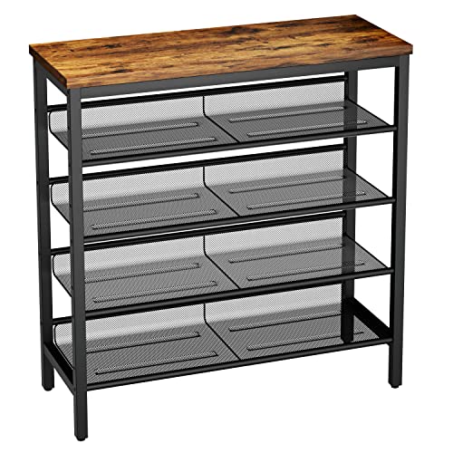 IBUYKE Industrial Shoe Rack, 5-Tier Shoe Organizer with 4 Metal Mesh Shelves, Unit Flat & Slant Adjustable Shoe Storage for 16 Pairs, for Entryway, Hallway, Bedroom, Closet, Rustic Brown, UTMJ083H