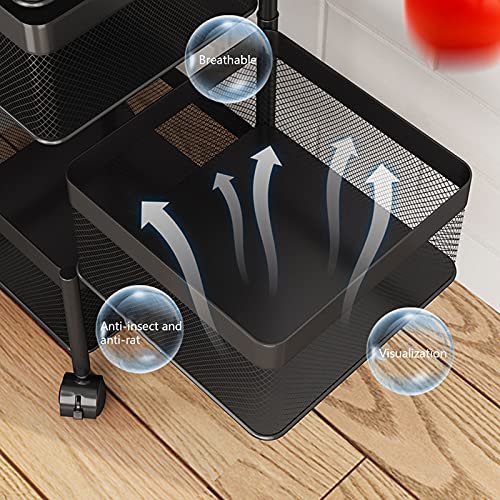 4-Tier Rotating Kitchen Storage Shelf Kitchen Storage Rack Kitchen Rotating Multi Layer Kitchen Shelves for Storage Fruit Vegetable Storage Basket Floor-Standing Vertical Shelving with Wheels (Square)