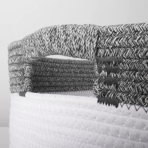 LA JOLIE MUSE Rectangle Cotton Rope Storage Basket Set of 2, Natural and Safe For Baby Kids Nursery, Two-Tone Woven Decorative Baskets, White & Gray