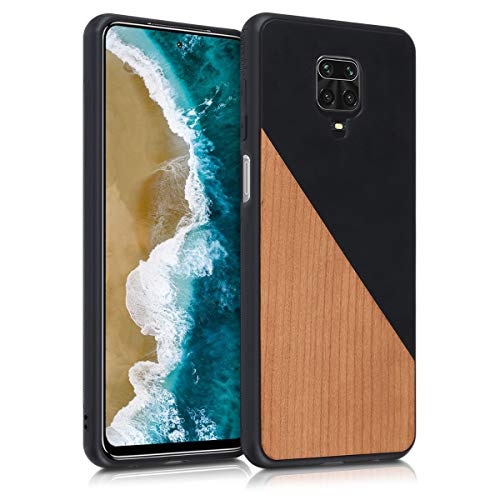 kwmobile Case Compatible with Xiaomi Redmi Note 9S / 9 Pro / 9 Pro Max - Hard Cover with TPU Bumper and PU Leather/Wood Design - Two-Tone Wood Black/Brown