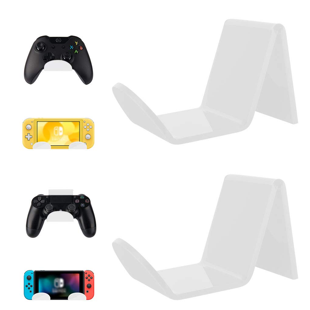 2 Pack Game Controller Wall Mount Holder, Acrylic Stand Hanger with Improved Adhesive Tape Sticker for Xbox One/Elite/ PS4/PS5/Nintendo Switch/Pro/Lite, Universal Gamepad/Headphone Organizer (White)
