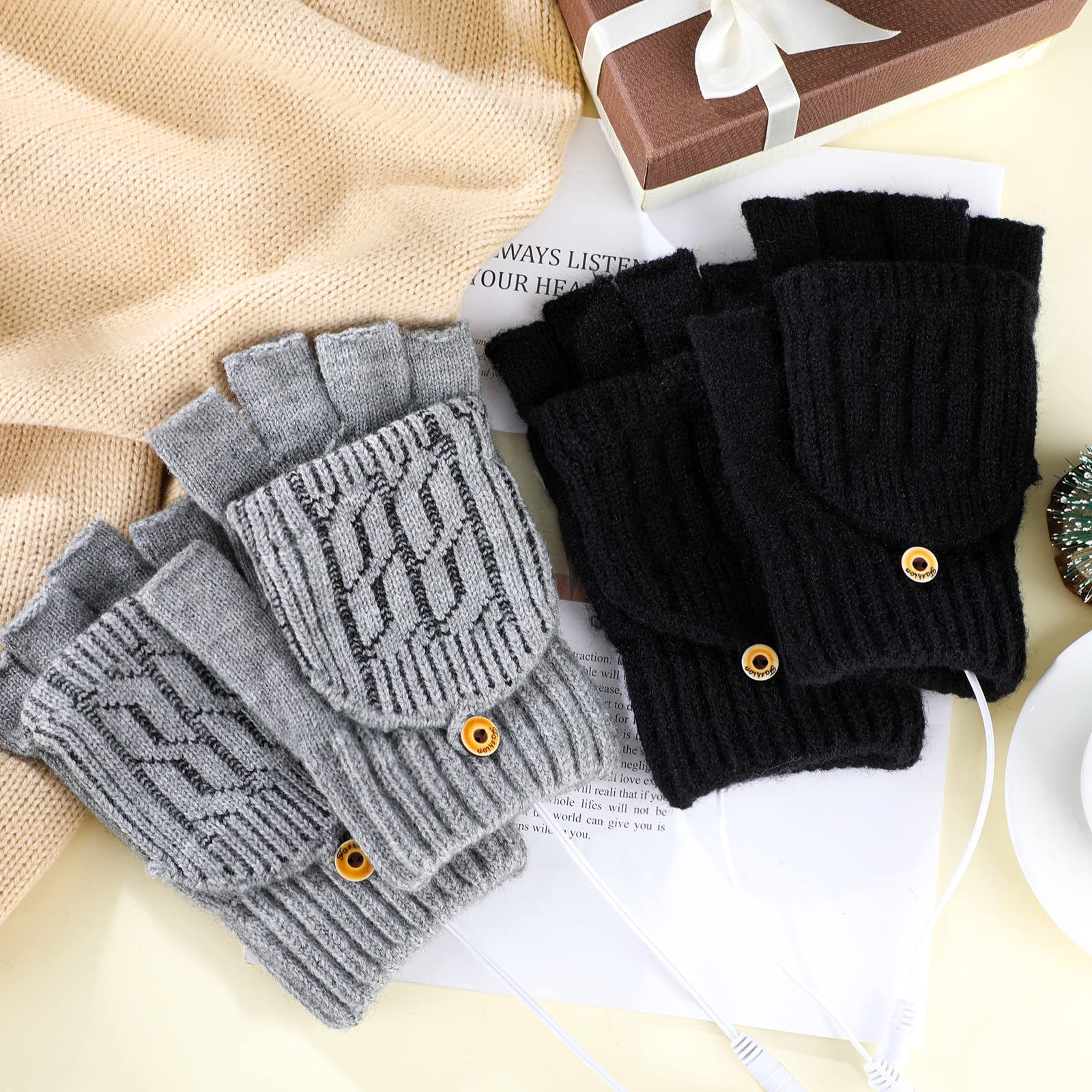 2 Pairs USB Heated Gloves Fingerless USB Hand Warmers Electric Hand Warmer Hand Warming Gloves with Button Heated Mittens (Navy, Gray,Delicate Style)