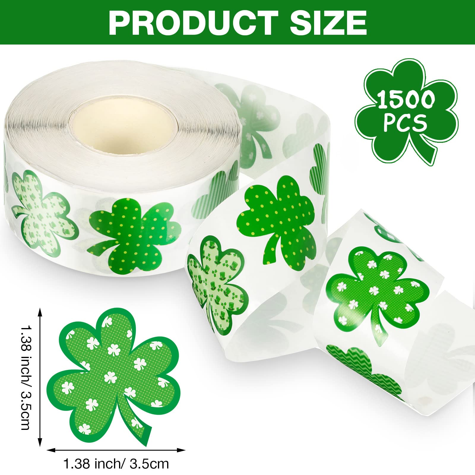 1500 Pcs St. Patrick's Day Shamrock Sticker Irish Roll Self Adhesive Stickers Labels Shamrock Decals for Envelope Seals Gift Box 1.5 Inch Clover Seal Decals for St. Patrick's Day Party Decorations