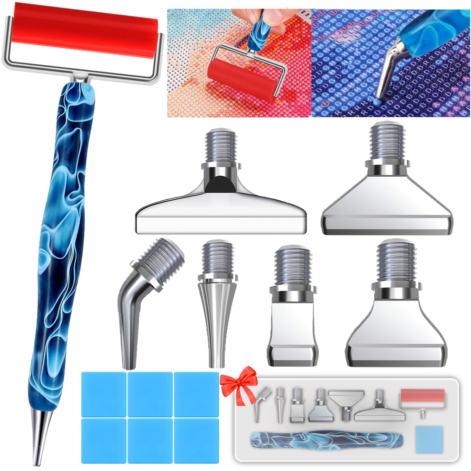 14PCS Diamond Painting Pen Accessories Tools Set, Exquisite Stainless Steel Metal Pen Tips,Ergonomic Diamond Art Drill Pen and 6 Painting Glue Clay,Comfort Grip and Faster Drilling (Blue Silver)