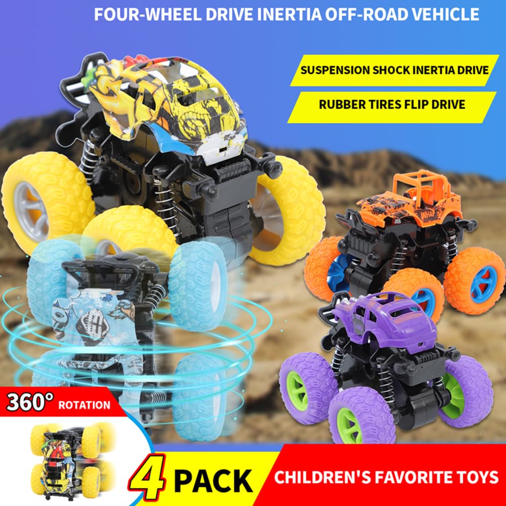 4-Pack Friction-Powered Monster Trucks with 360-Degree Rotation, Durable Toys for Boys and Girls Ages 3-12