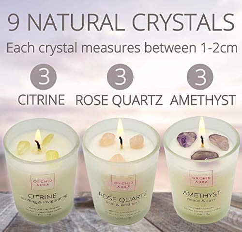 ORCHID AURA Soy Candles with Healing Crystals. Citrine, Rose Quartz, Amethyst Crystal. Eucalyptus + Lemongrass, Jasmine + Sandalwood, Clary Sage + Lavender. 3PC Scented Candle Set, 2.47oz Each