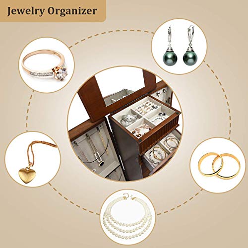 HOMGX Cabinet Chest, Makeup Mirror and Top Divided Storage Organizer, Large Standing Jewelry Armoire with 7 Drawers, 2 Swing Doors, 12 Necklace Hooks