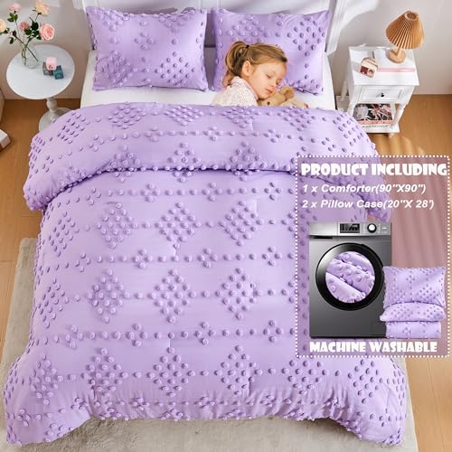 3-Piece Queen Size Kids Bedding Set for Girls Purple Boho Tufted Dots Jacquard Pom Pom Tufts Embroidery Bed-in-a-Bag Bohemian Kids Comforter Set for Boys with Comforter, 2 Pillowcase
