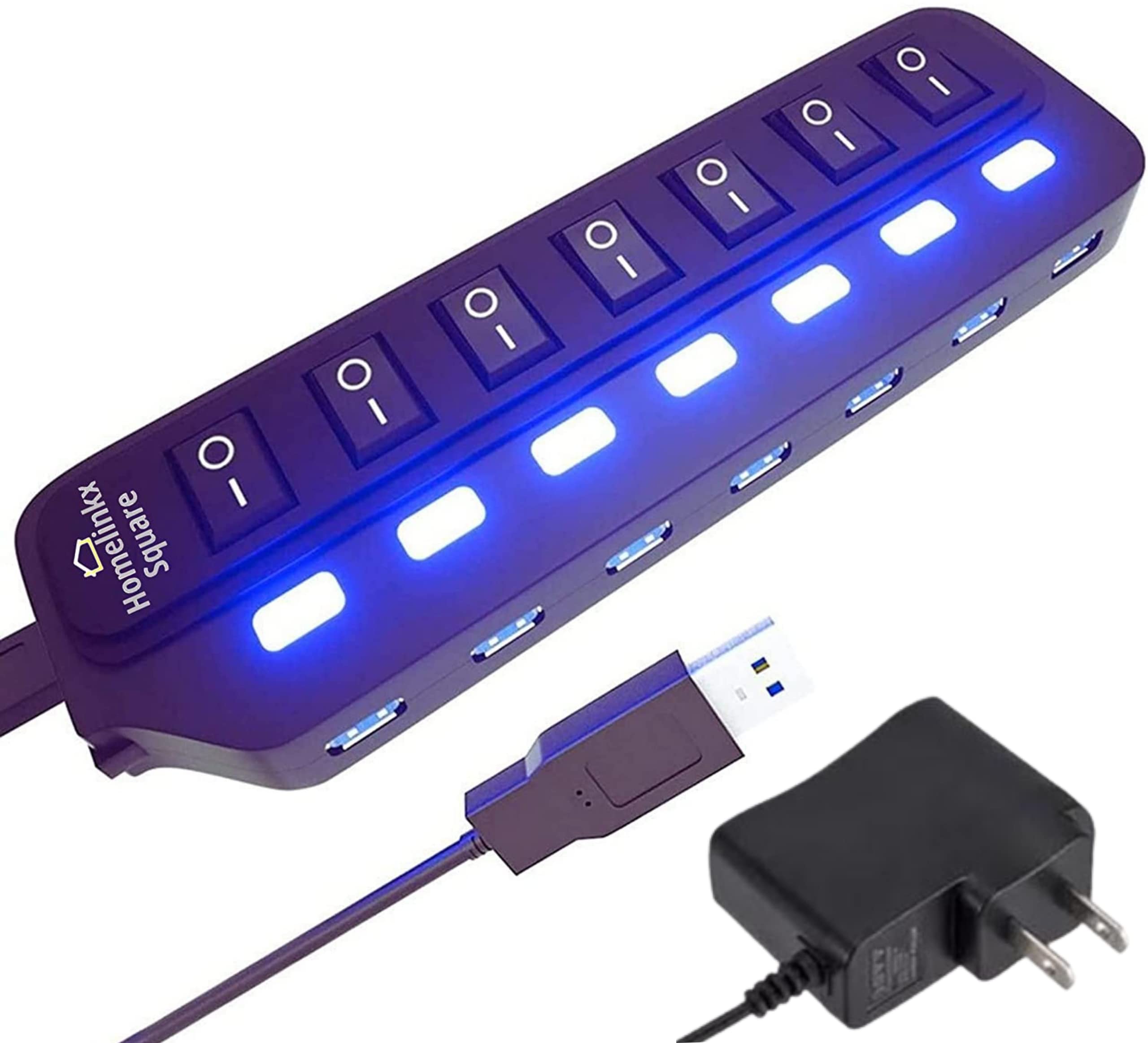 HOMELINKX SQUARE - USB HUB 3.0 Powered Splitter - External 7 Port High Speed Hub Splitter with 5V/2A Power Adapter Powered USB hub and Individual On/Off Switch for PC Laptop Desktop