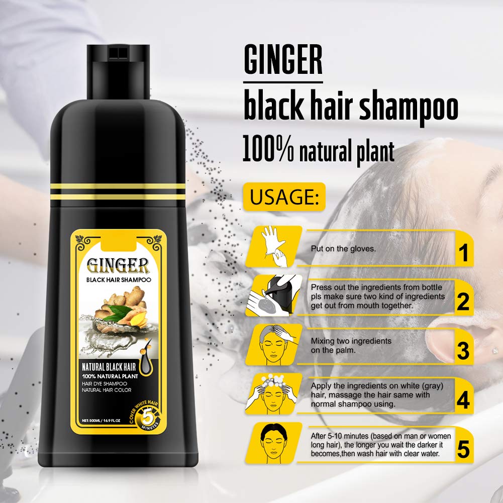 Ginger Black Semi-Permanent Hair Dye Shampoo, Instant 30-Day Color Matter, Completes in 5 Minutes - 500ml (Ginger Fragrance)