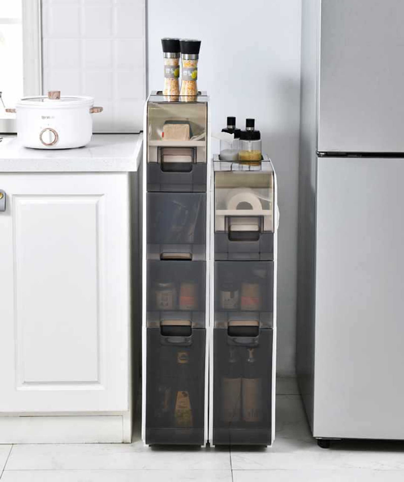 4-Tiers Bathroom Floor Storage Cabinet Narrow Slim Tall Movable Towel Organizer Side Freestanding Rolling Unit with Clear Drawers for Small Space Laundry Living Room Gap