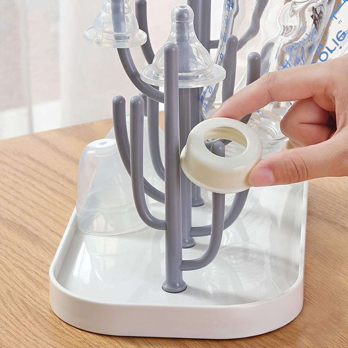 FEOOWV Baby Bottle Drying Rack with Base, Creative Tree Branch Baby Bottle Dryer Holder for Bottles, Teats, Cups, Pump Parts and Accessories (Gray)