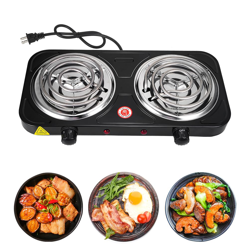 2000W Hot Plate for Cooking, Portable Electric Double Coil Burner for Kitchen Camping with Dual Control & 5 Level Temperature Control, Hot Plate Burners Easy to Clean, Electric Double Burner Cooktop