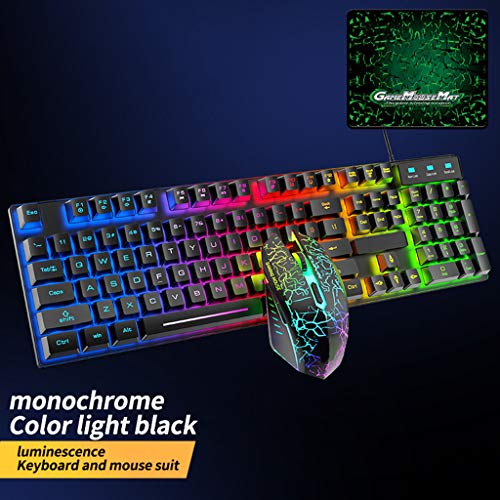 MAOSUO T6RGB Luminous Wired Gaming Keyboard and Mouse Set with Large Mouse Pad USB Colorful Backlit Easy-to-Operate Mechanical Feel Keyboard Accessories Kit for Laptop Computer Gamer Work