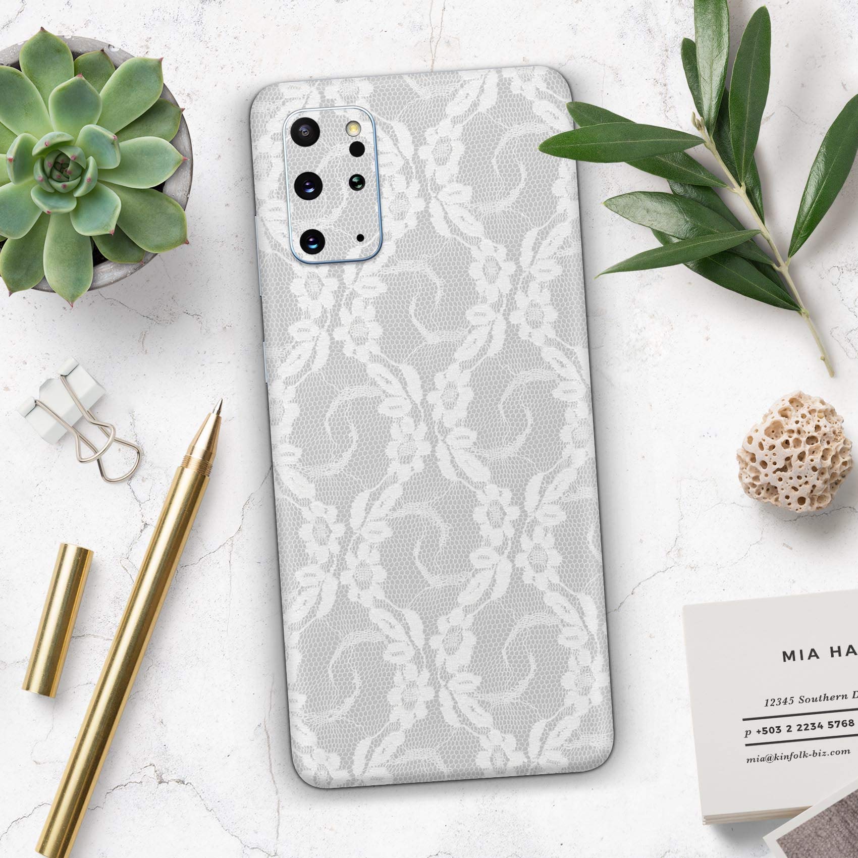 DesignSkinz White Floral Lace Protective Vinyl Decal Wrap Skin Cover Compatible with The Samsung Galaxy S20 (Screen Trim & Back Glass Skin)