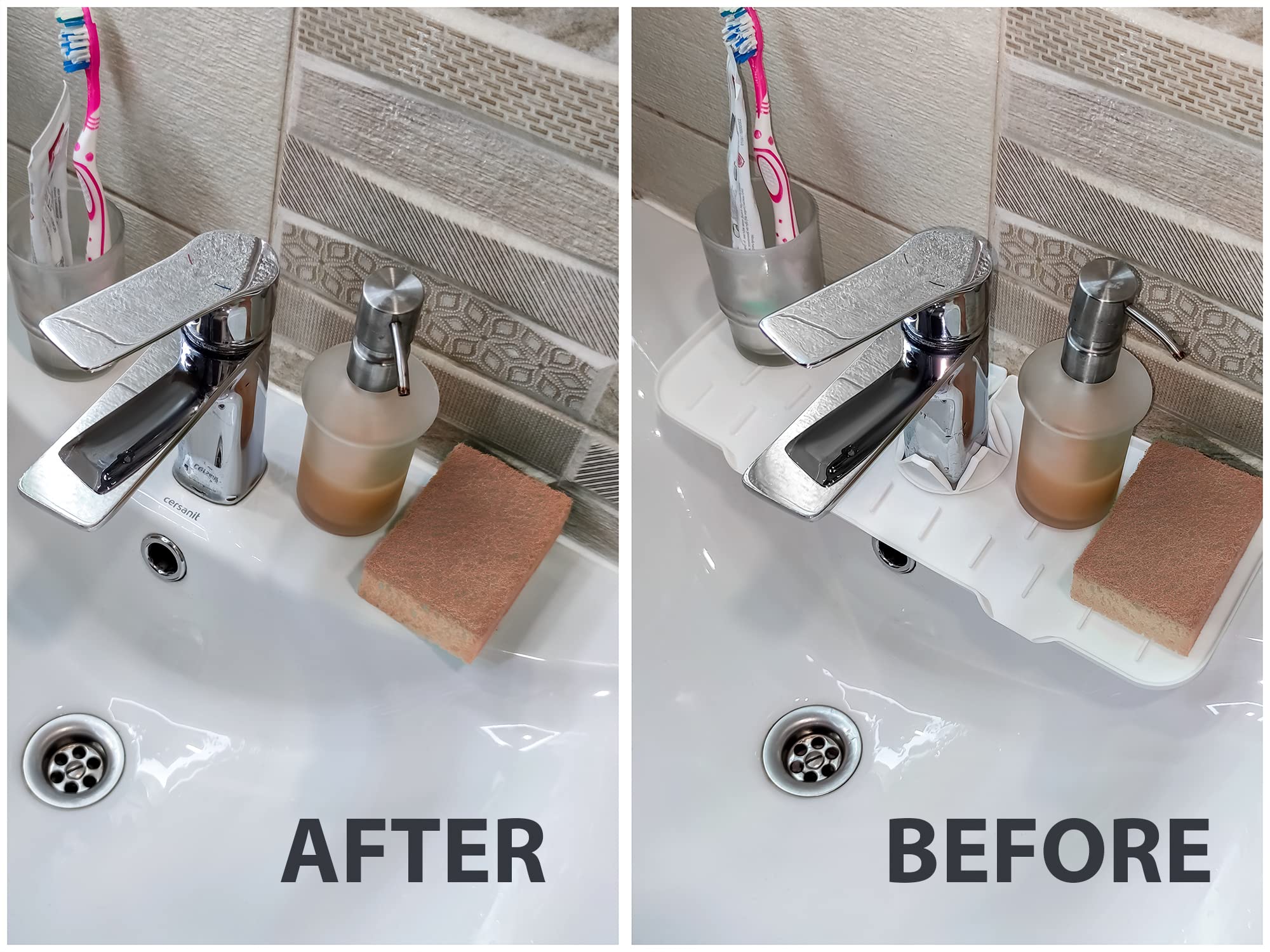 2 Pcs White Silicone Faucet Handle Drip Catcher Tray - Drip Catcher for Sink Faucet β Kitchen Faucet Drip Mat - Sink Faucet Splash Guard - Faucet Pad - Counter Faucet Mat - Silicone Sink Protector.