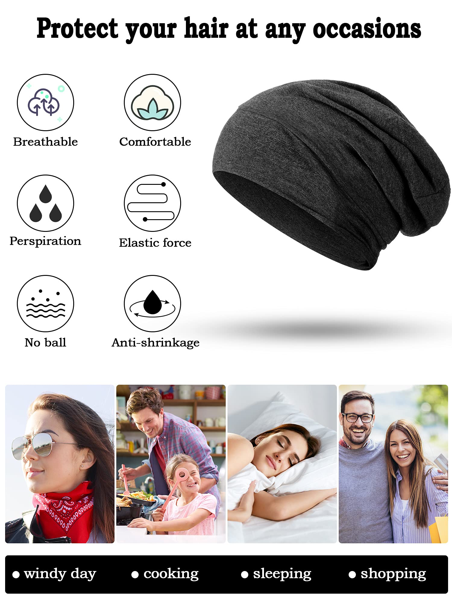 2 Pieces Satin Lined Sleep Cap Slouchy Beanie Sleeping Cap Night Skull Cap for Women Girls Black, Dark Grey