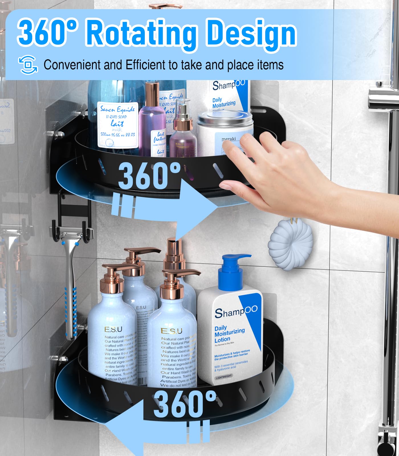 360°Rotating Corner Shower Caddy Shelf With 6 Hooks,2PACK Bathroom Lazy Susan Shower Organizer Corner with 5Pcs Adhesive,Stainless Steel Shower Racks for Inside Shower for Home Apartment Decor(Black)
