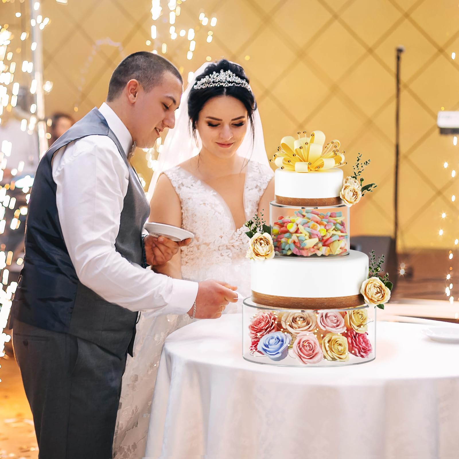 2 PCS Clear Acrylic Cake Stand, FEMELI Fillable Cake Box Case Tier Holder, Cylinder Round Cake Riser Display Box with Lid, Centerpiece Cake Base with Lights for Birthday Wedding Party Decor(10*4, 6*4)