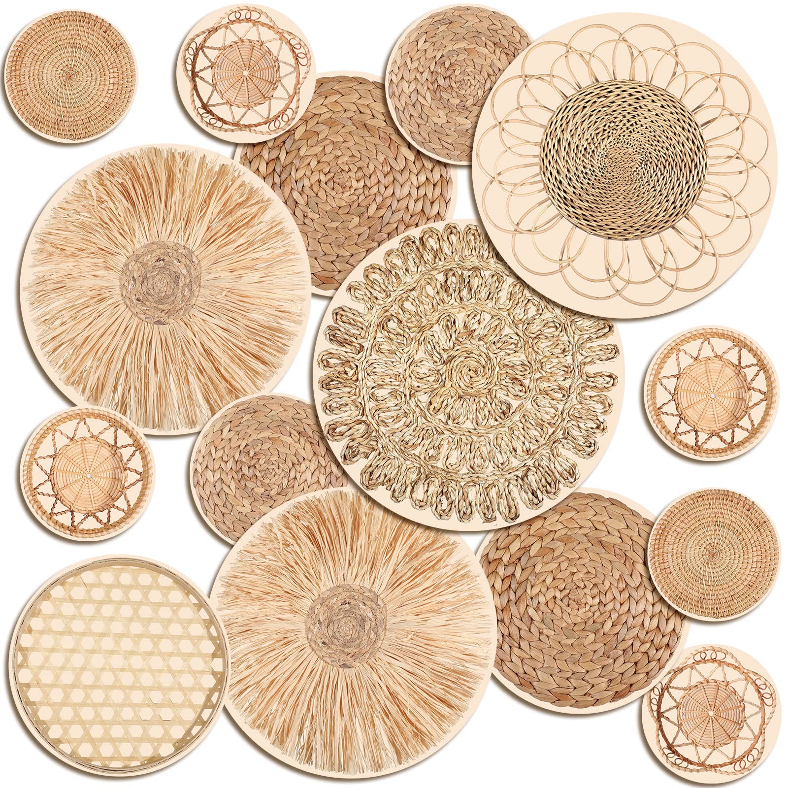 15 Pcs Boho Basket Wall Decor Round Boho Wall Decals Modern Wall Stickers Peel and Stick Wall Bohemian Decor Rustic Removable Boho Wallpaper Art for Home Office Living Room Bedroom (Cute Style)