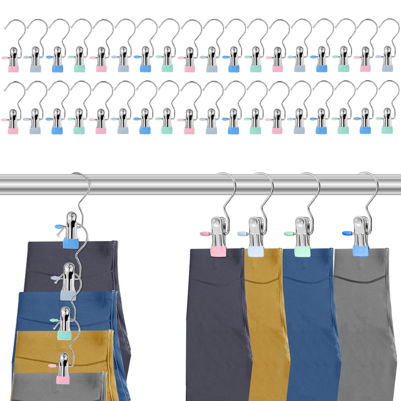 40 Pack Legging Organizer for Closet, Pants Hangers Space Saving, 360°Rotating Hangers for Yoga T-Shirts, Tights Gym Clothes, Portable Stainless Steel Single Clips with Rubber Coated for Travel