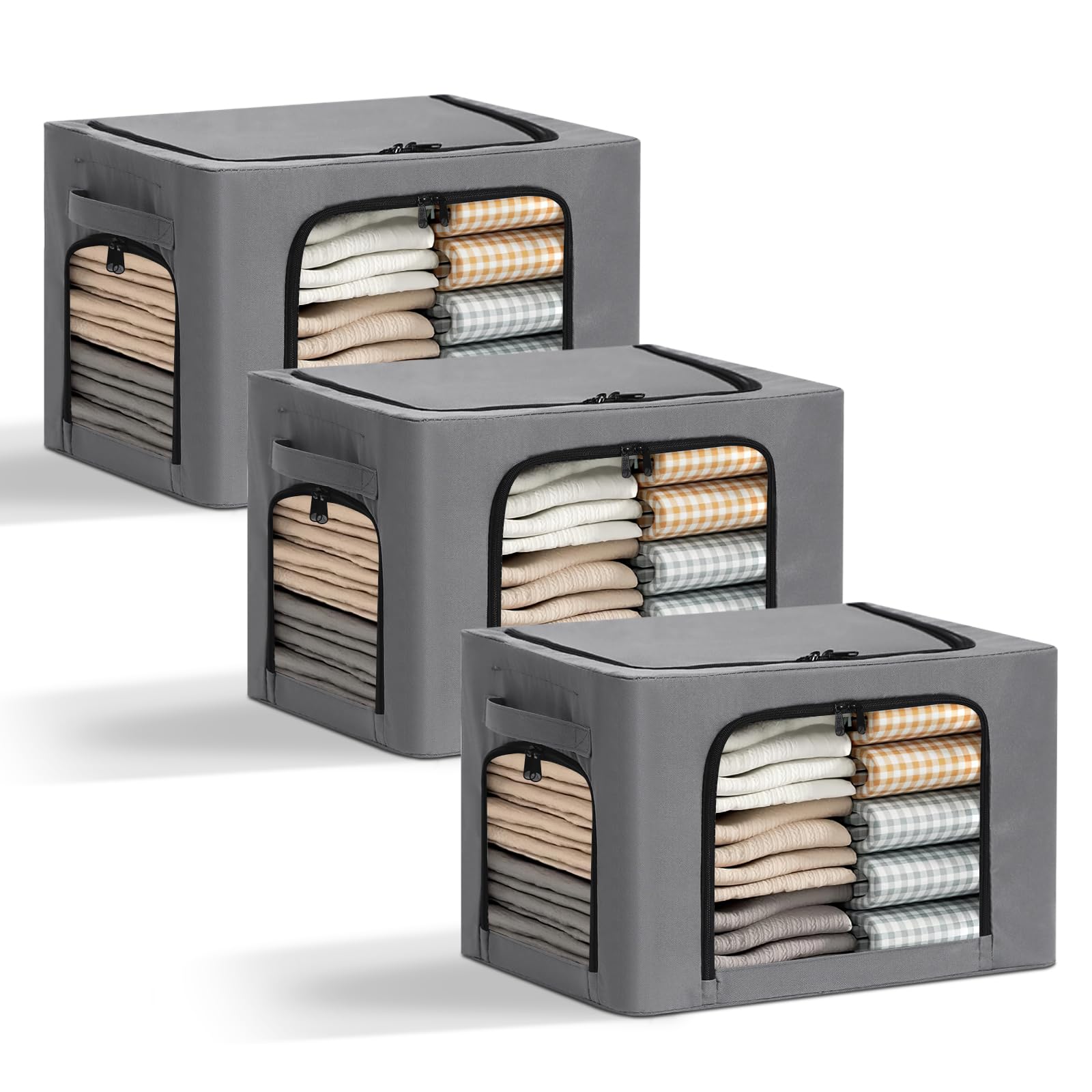 3-Pack Clothes Storage Bins with Metal Frame, Foldable 40L Linen Storage Boxes with Lids, Clear Windows, Zippers & Durable Handles - Grey