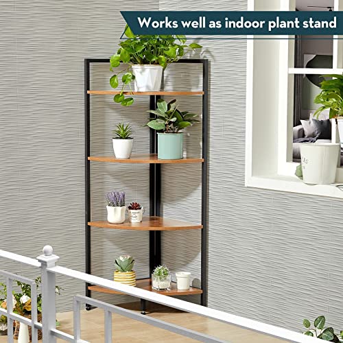 SAYGOER Corner Bookshelf 4 Tier Stand Storage Shelf Modern Black Bookcase Ladder Standing Shelves Display Rack Plant Stand for Small Spaces, Bedroom, Living Room,Walnut Oak