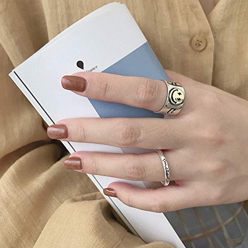 2 Pieces Smiley Face Rings for Women Gold Silver Smiley Ring Adjustable Wide Chunky Ring Vintage Statement Ring Jewelry for Women Girls (B:smiley face-silver)