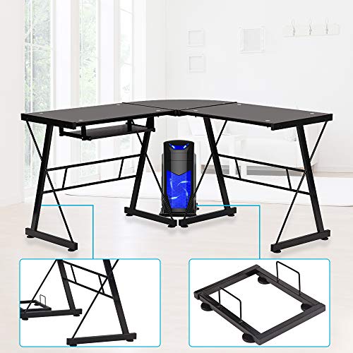 L Shaped Computer Desk Office Corner Desk,Modern Gaming Desk Home Office Desk Tempered Glass Workstation Desk,with Keyboard Tray and CPU Stand 3-Piece PC Laptop Study Writing Workstation Table- Black