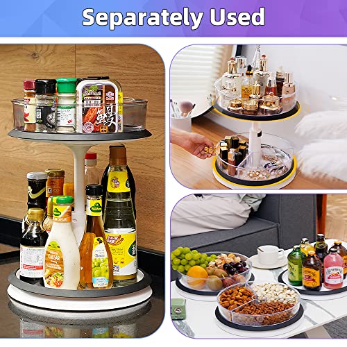 2-Tier Lazy Susan Turntable and Height Adjustable Cabinet Organizer with 1x Large Bin and 3 x Divided Bins, Removable, Clear Spice Rack