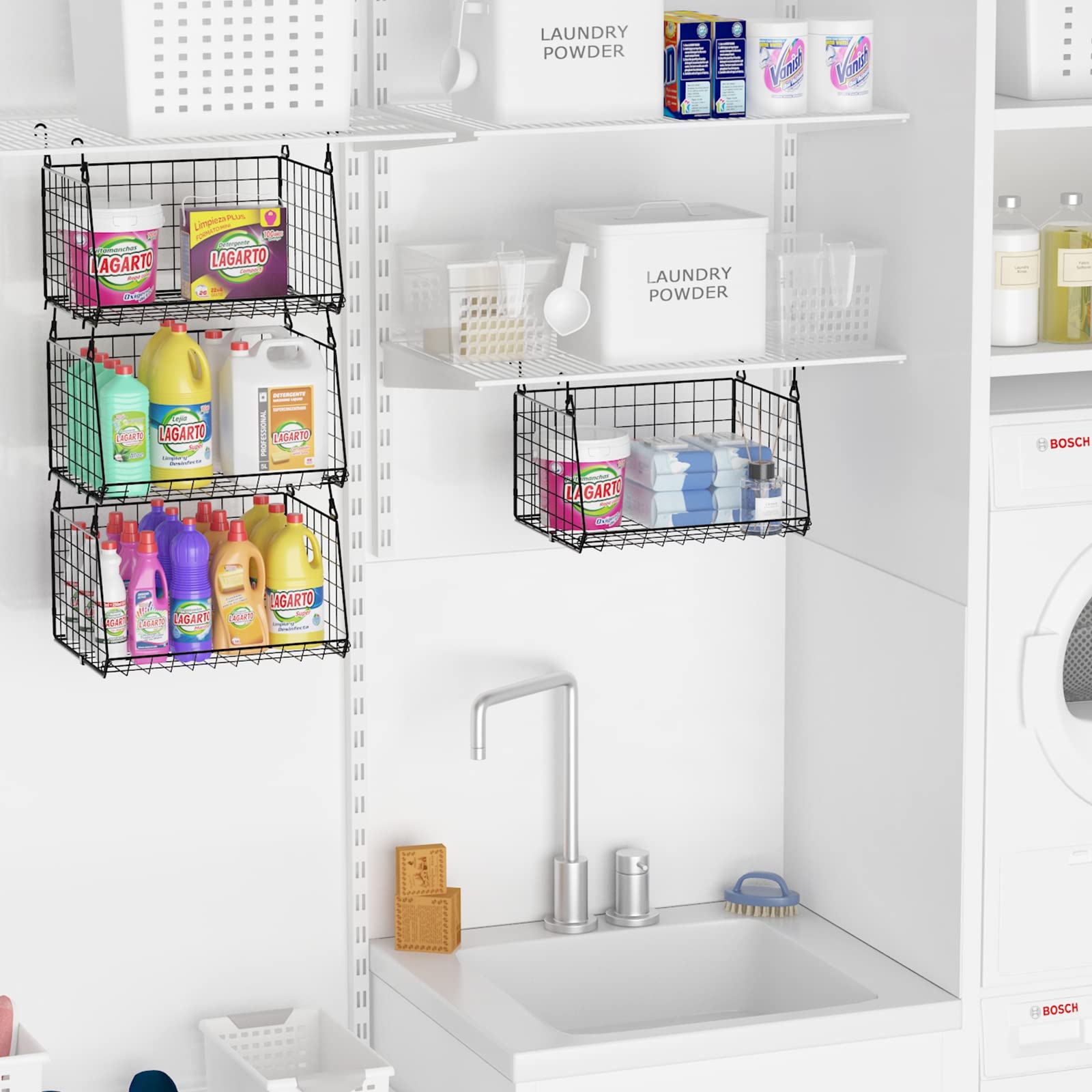 3-Pack Hanging Laundry Room Organizaton:Foldable Laundry Room Organizer Wire Shelf Basket with 360°Rotating Hooks Space Saving Over Washer and Dryer Shelves - Laundry Organization and Storage, Black