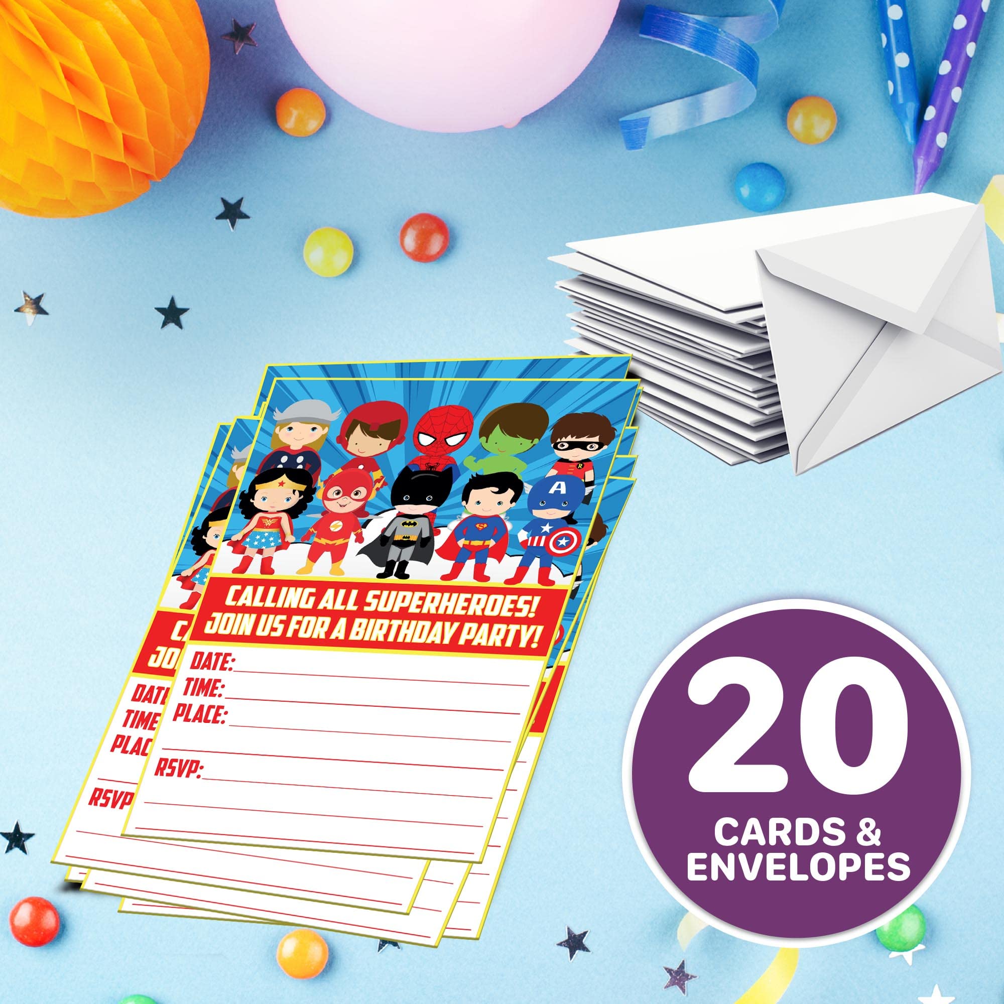 20x Super Hero Kids Birthday Invitations and Envelopes – Fill-in Happy Birthday Party Invitations for Kids, 6X4 Inches, Postcard Style