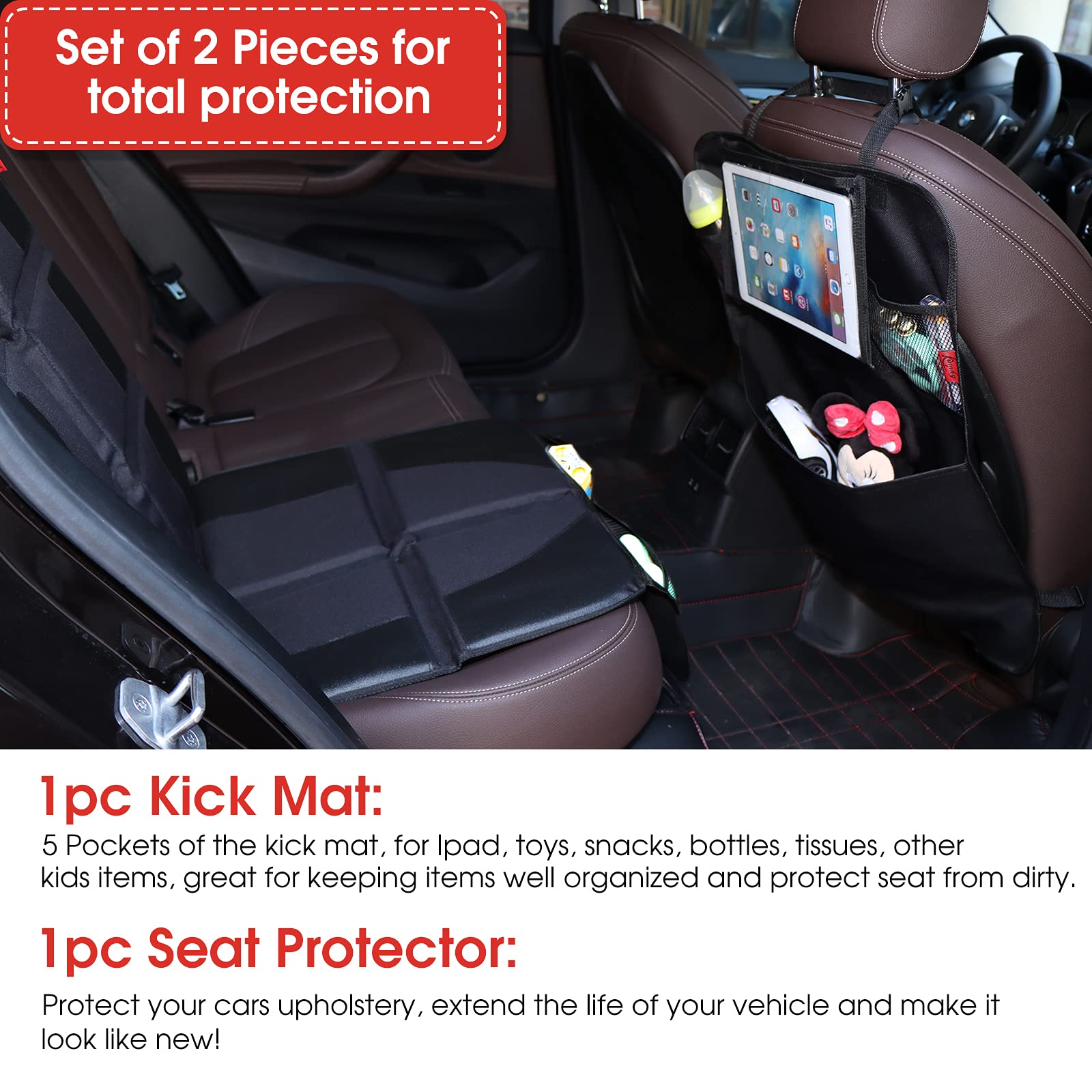 Kaiphy Car Seat Protector with Thick Padding + Backseat Car Organizer, XL Car booster protector for Child Baby Carseat, Waterproof & Durable 600D Fabric, Kick Mat Back Seat w/Storage Pockets