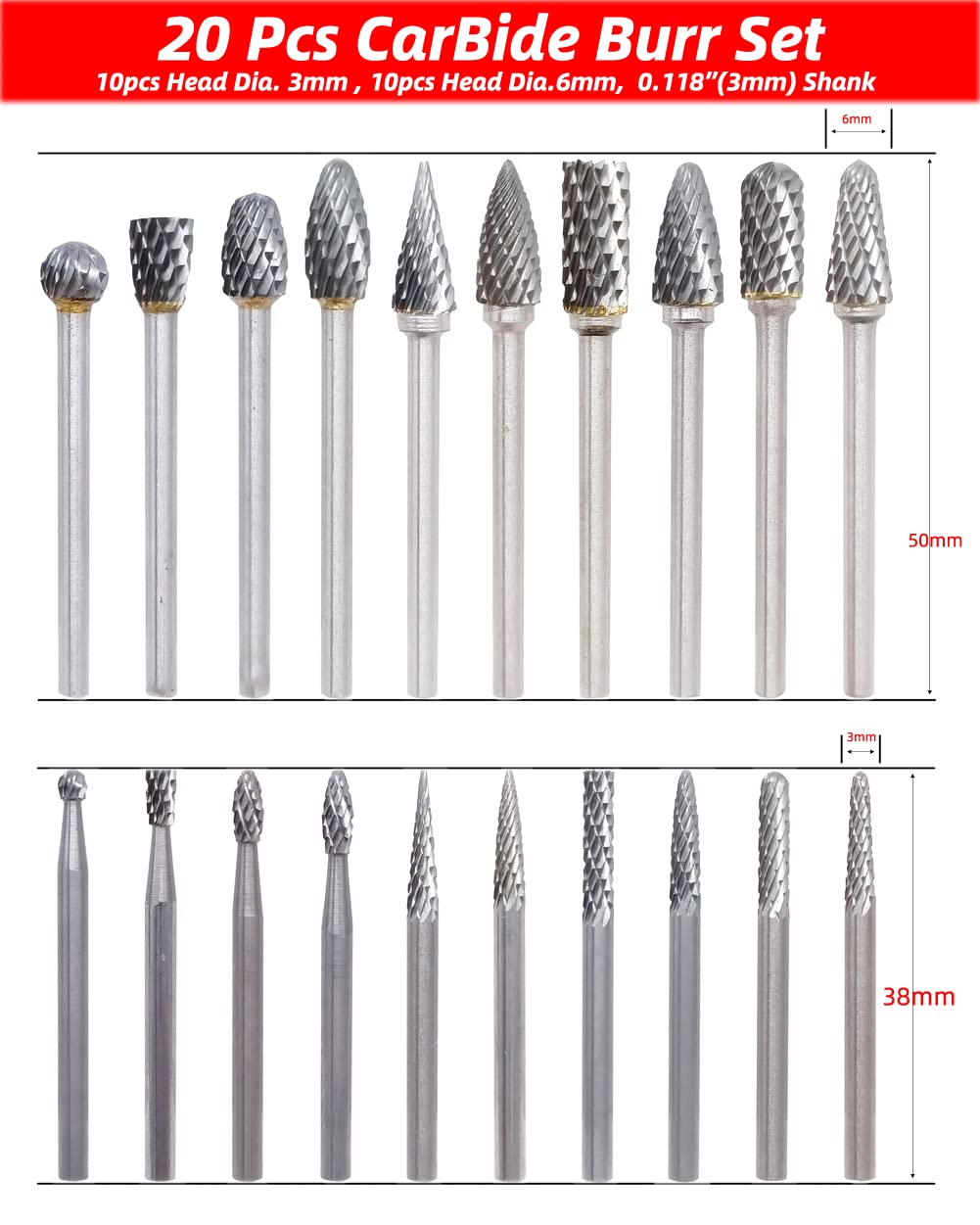 20Pcs Carbide Burr Set Die Grinder Bits 1/8" Shank Double Cut Assorted Solid Tungsten Carbide Rotary Burr Compatible with Dremel for Wood Carving Metal Working Polishing Engraving Drilling