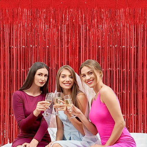 3 Pack Red Thicken Foil Fringe Curtains Decorations 3.2x8.2ft, Photo Backdrop for Birthday Bachelorette Bridal Shower Baby Shower Graduation Party, Party Streams Decor