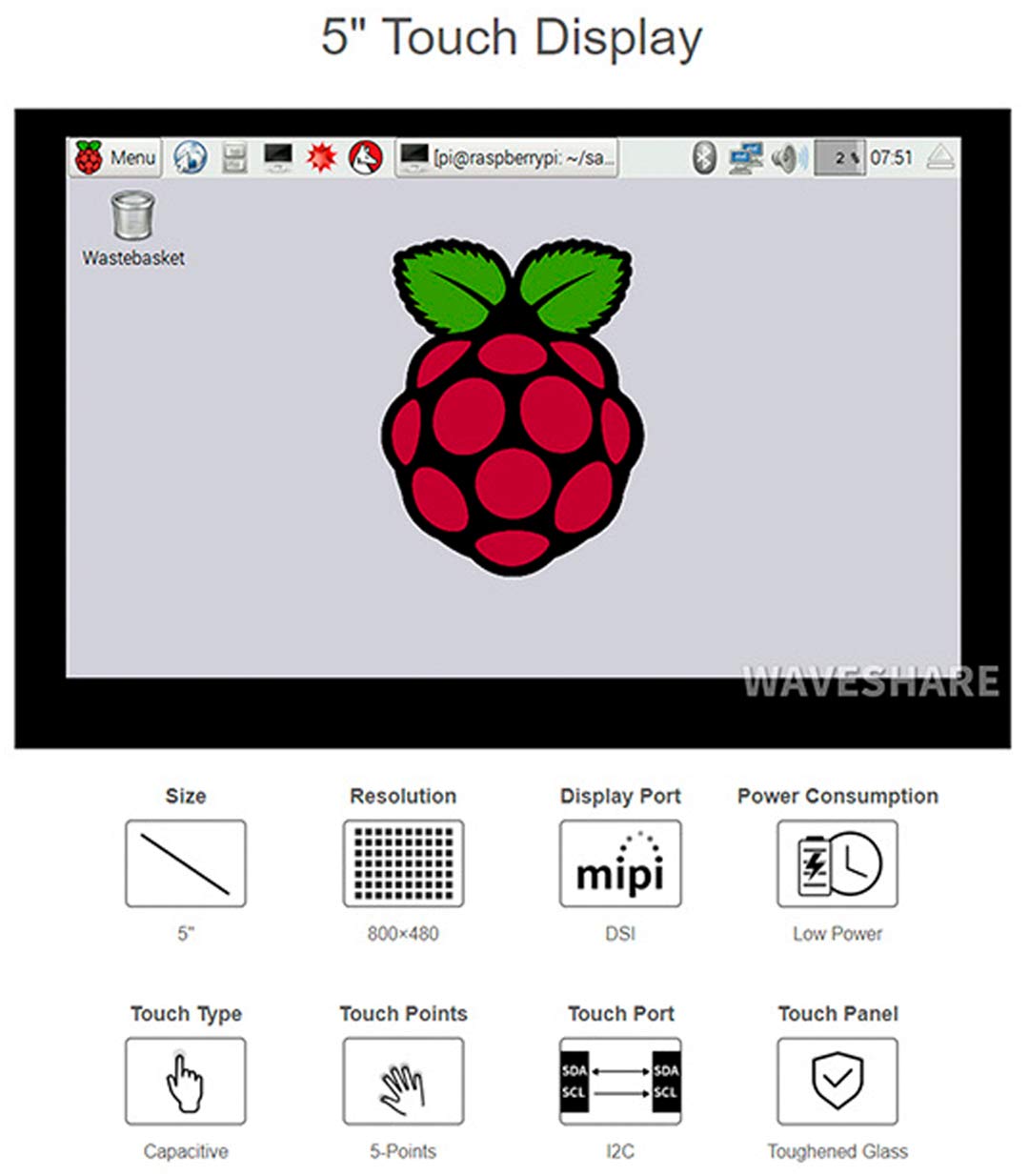 Bicool 5inch Capacitive Touch Display for Raspberry Pi 4B/3B+/3A+/3B/2B/B+/A+, cm 3/3+, 800×480, TFT Wide Angle Screen LCD, DSI Interface Refresh Rate up to 60Hz. Support Ubuntu/Kali, Win 10 IoT
