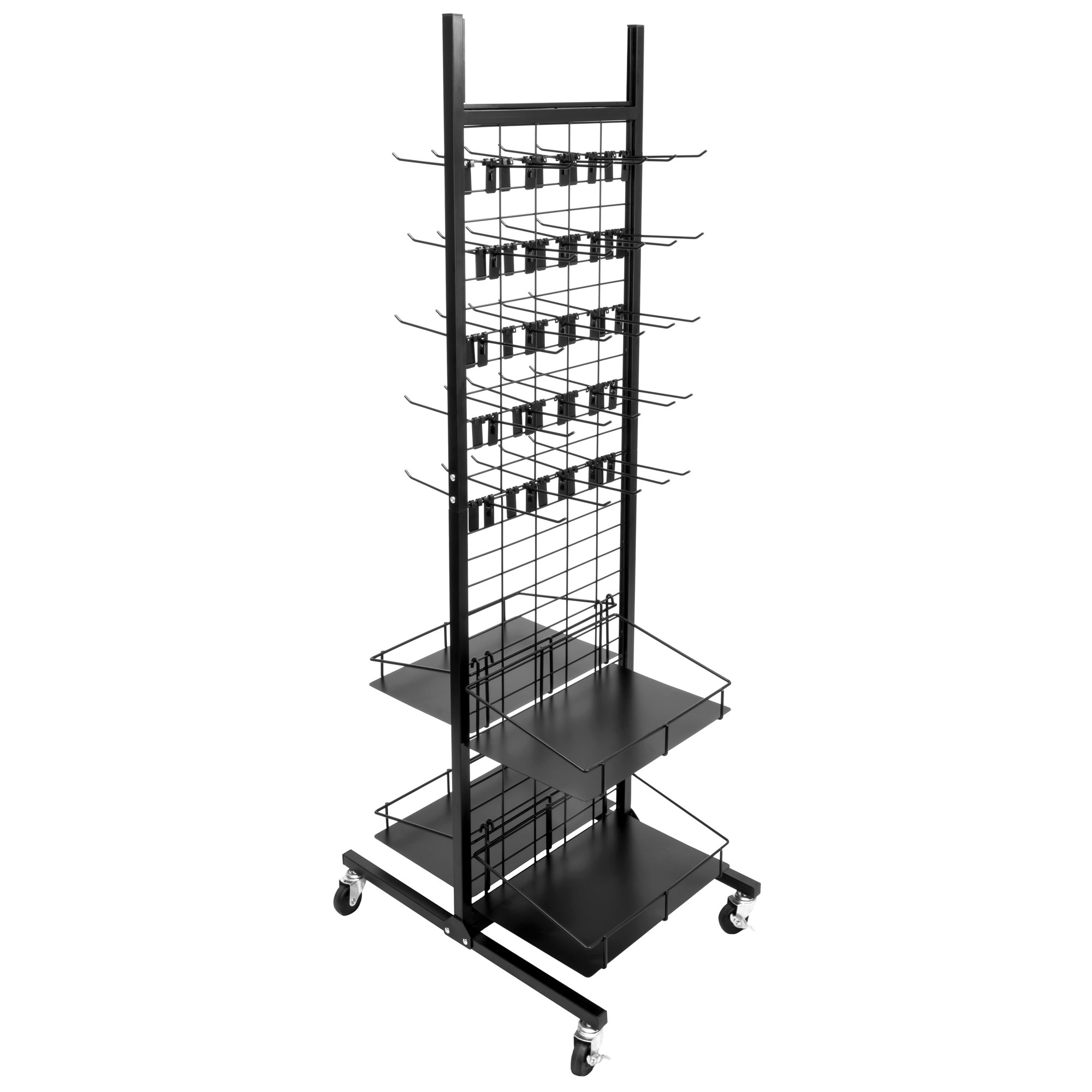 Brybelly Rolling Retail Display Merchandising Rack Store Fixture, 66" Tall x 28" Footprint, Includes 50 Peg Hooks and 4 Shelves