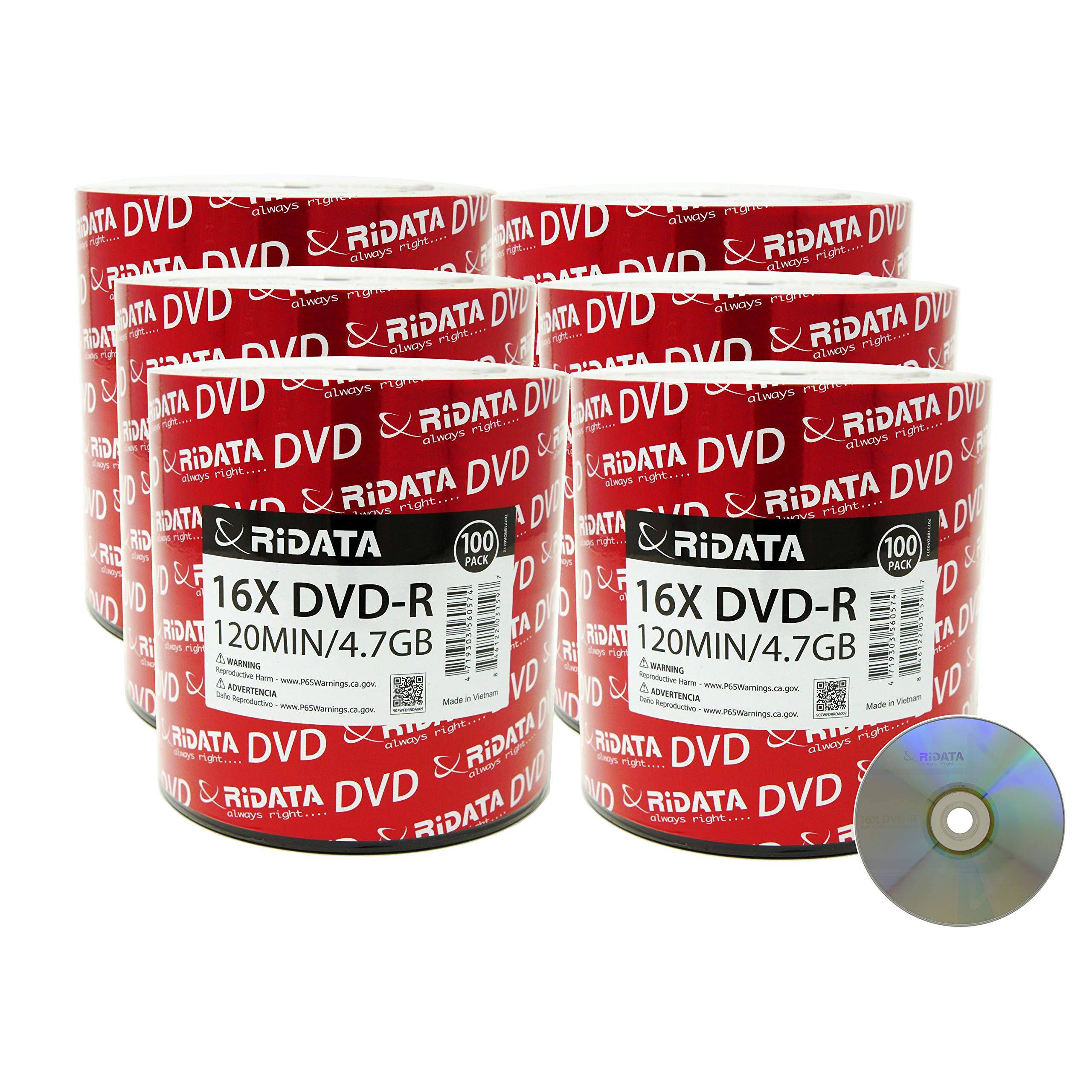 600 Pack Ridata DVD-R 16X 4.7GB 120 Min Silver Logo Top Blank Data Video Media Recordable Disc