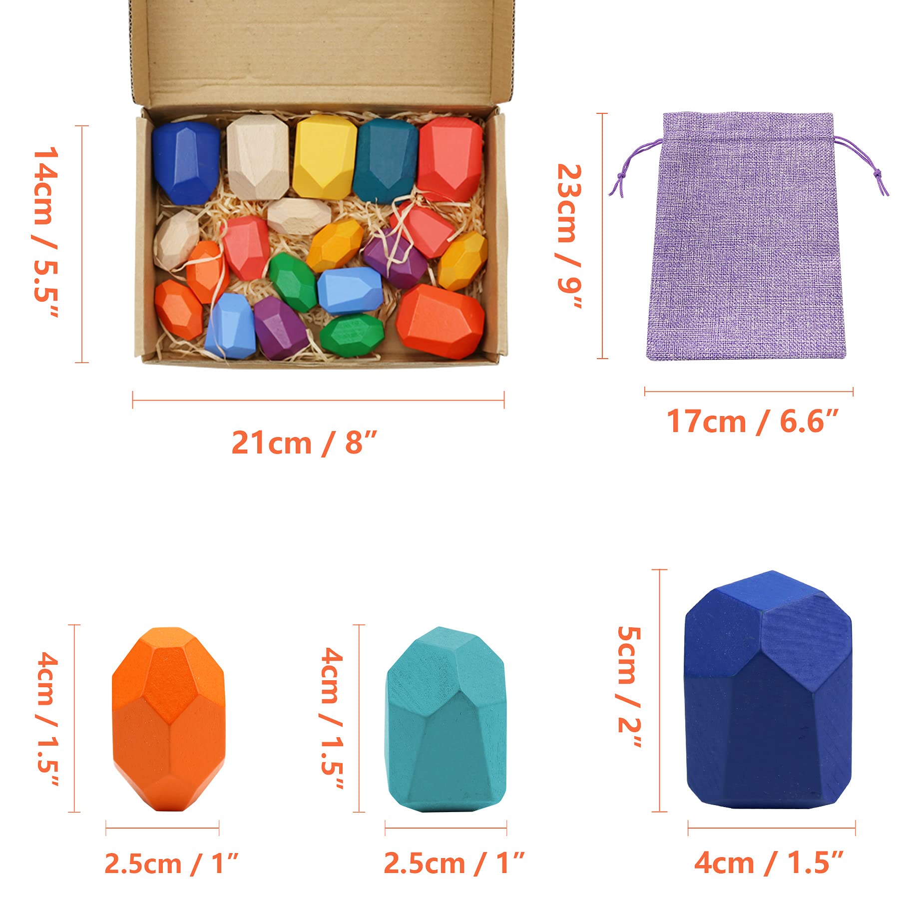40 PCS Wooden Rocks Balance Stones Building Blocks Set, Colored Wood Balancing Stone Stacking Game, Lightweight Natural Educational Preschool learning Large Small Puzzle Toy for Kids (40PCS-2)