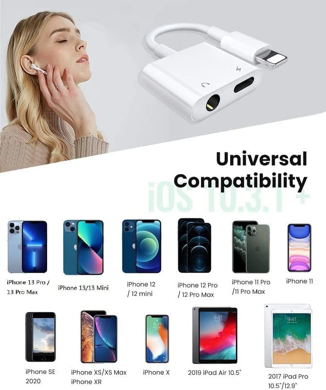 2 Pack Headphone Adapter for iPhone, 2 in 1 Lightning to 3.5mm Jack Adapter Aux Audio Dongle [with Apple MFi Certified] Earphone Converter Compatible with iPhone 14/13/12/11/XR/XS/Max/X/8