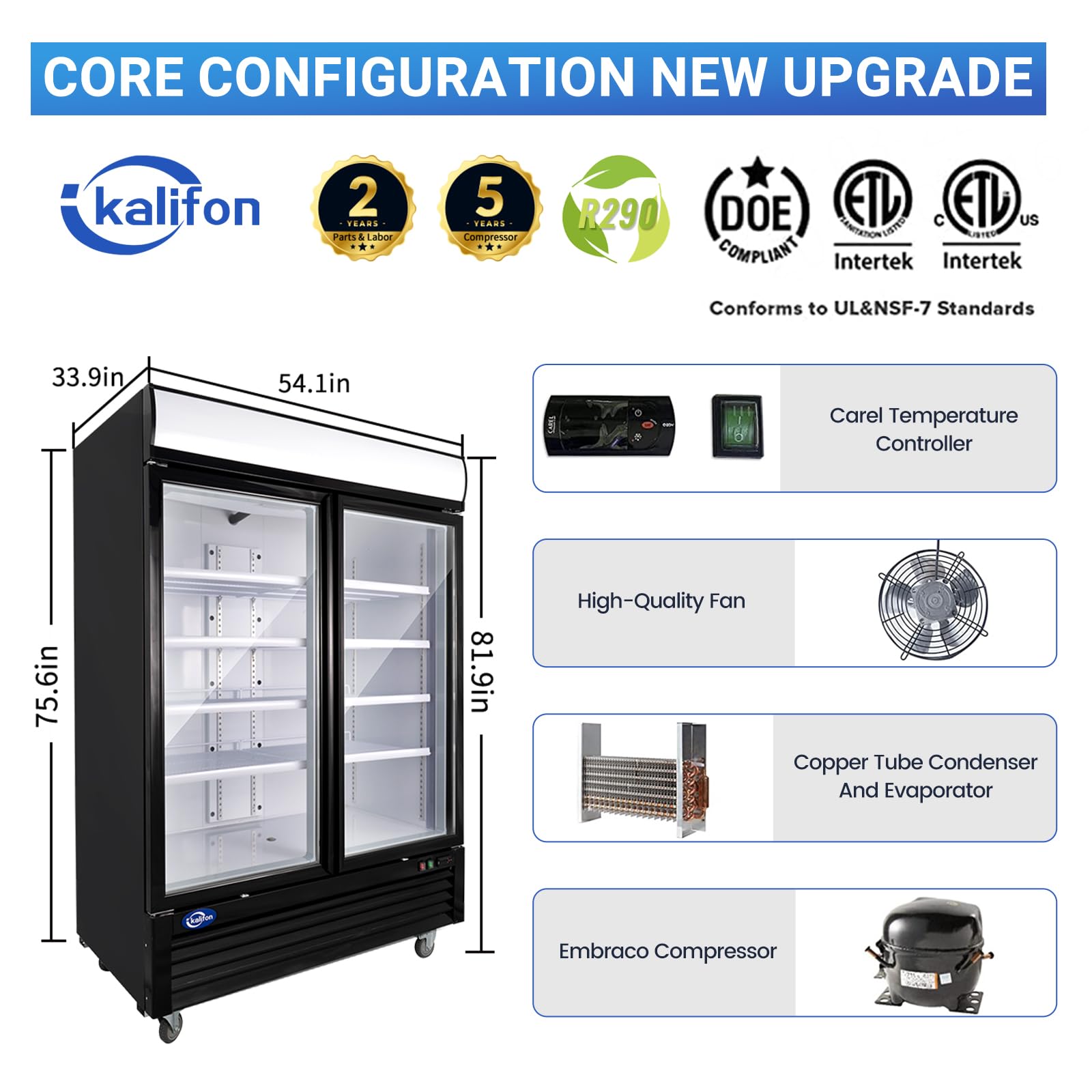 kalifon Commercial Glass 2 Door Display Refrigerator 49 Cu.Ft Beverage Cooler Merchandiser Upright with LED Light for Home Restaurant Grocery Stores