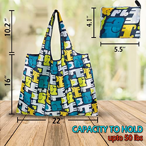 6 Pack Reusable Grocery Shopping Tote Foldable Bags with Pouch, Large Capacity, Durable, Washable, Heavy Duty Lightweight, Eco-Friendly, Waterproof, Geometry Animal Floral Design also for Travel, Gift (Animal Style)