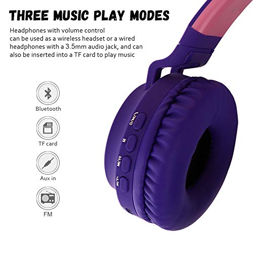 Luckyu Kids Bluetooth 5.0 Cat Ear Headphones Foldable On-Ear Stereo Wireless Headset with Mic LED Light and Volume Control Support FM RadioTF CardAux in Compatible with Smartphones PC Tablet (Red)