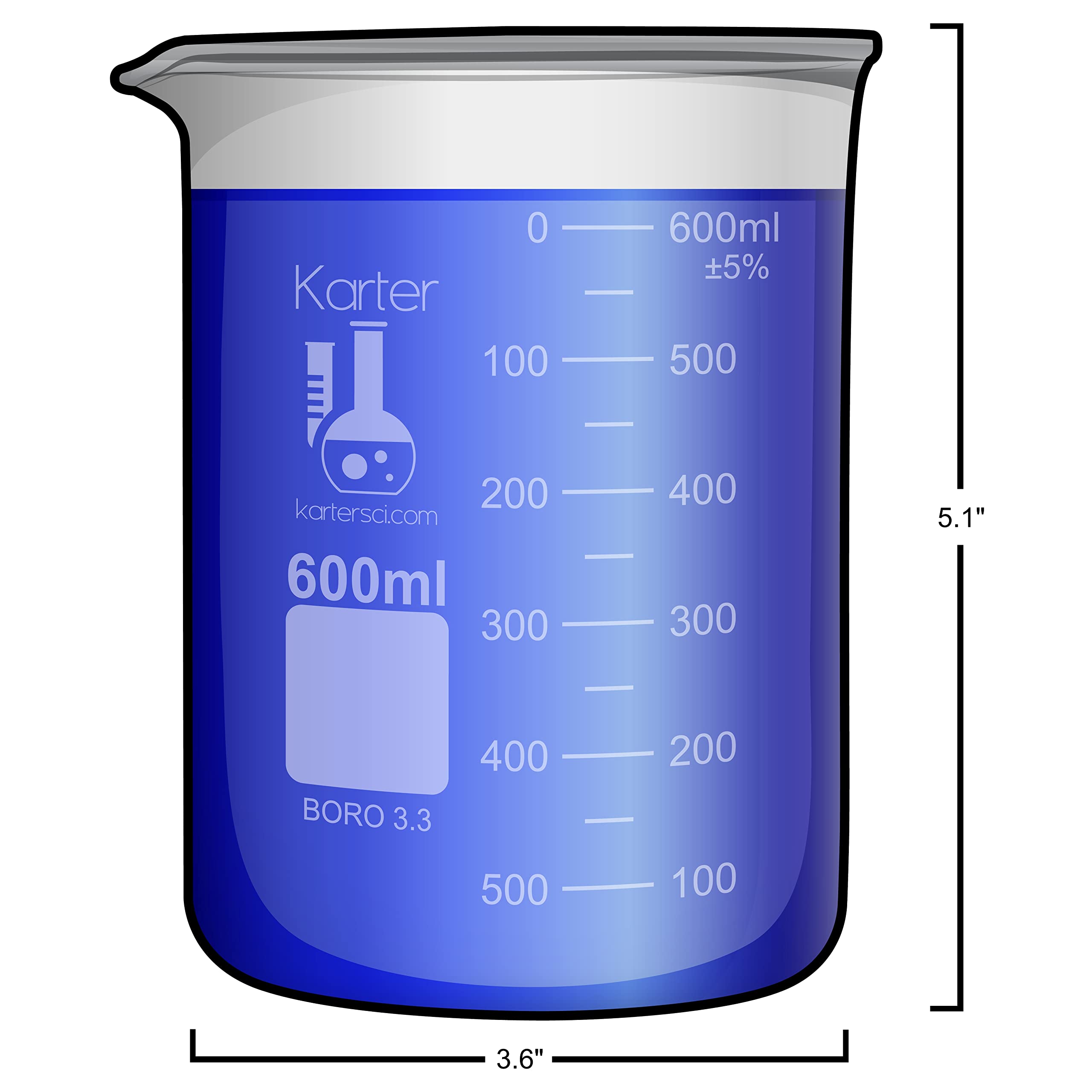 600ml Beaker, Low Form, Borosilicate 3.3 Glass, Double Scale, Karter Scientific 232T4 (Single)