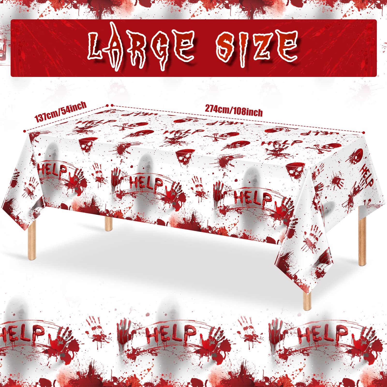 3Pcs Halloween Bloody Handprint Tablecloth Decorations, Plastic Handprints Shadowy Bloody Skull Table Cover Backdrop Banner for Halloween Vampire Zombie Horror Party Supplies,54 x108 inches