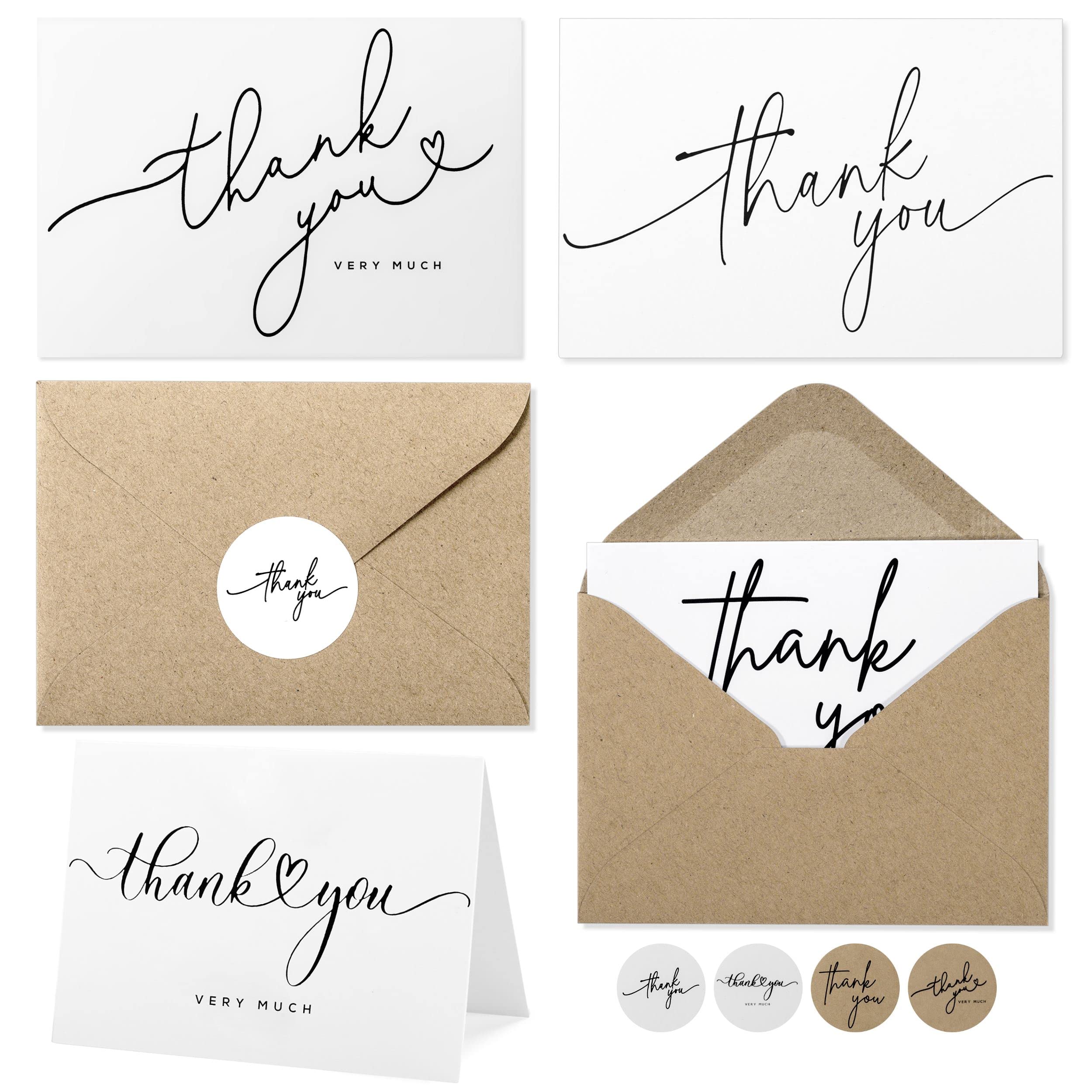 40 White Bulk Thank You Cards with Kraft Envelopes 4 x 6 in with stickers - 4 Minimalistic Designs Blank Thank You Notes with Envelopes Matt for business Wedding Bridal Baby Shower Business Graduation