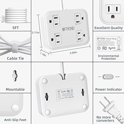 2 Prong Power Strip, TROND 2 Prong to 3 Prong Outlet Adapter, 5ft Extension Cord, 4 Widely Outlets with 4 USB Ports, Wall Mountable, Ideal for Non-Grounded Outlets, No Surge Protector for Cruise Ship