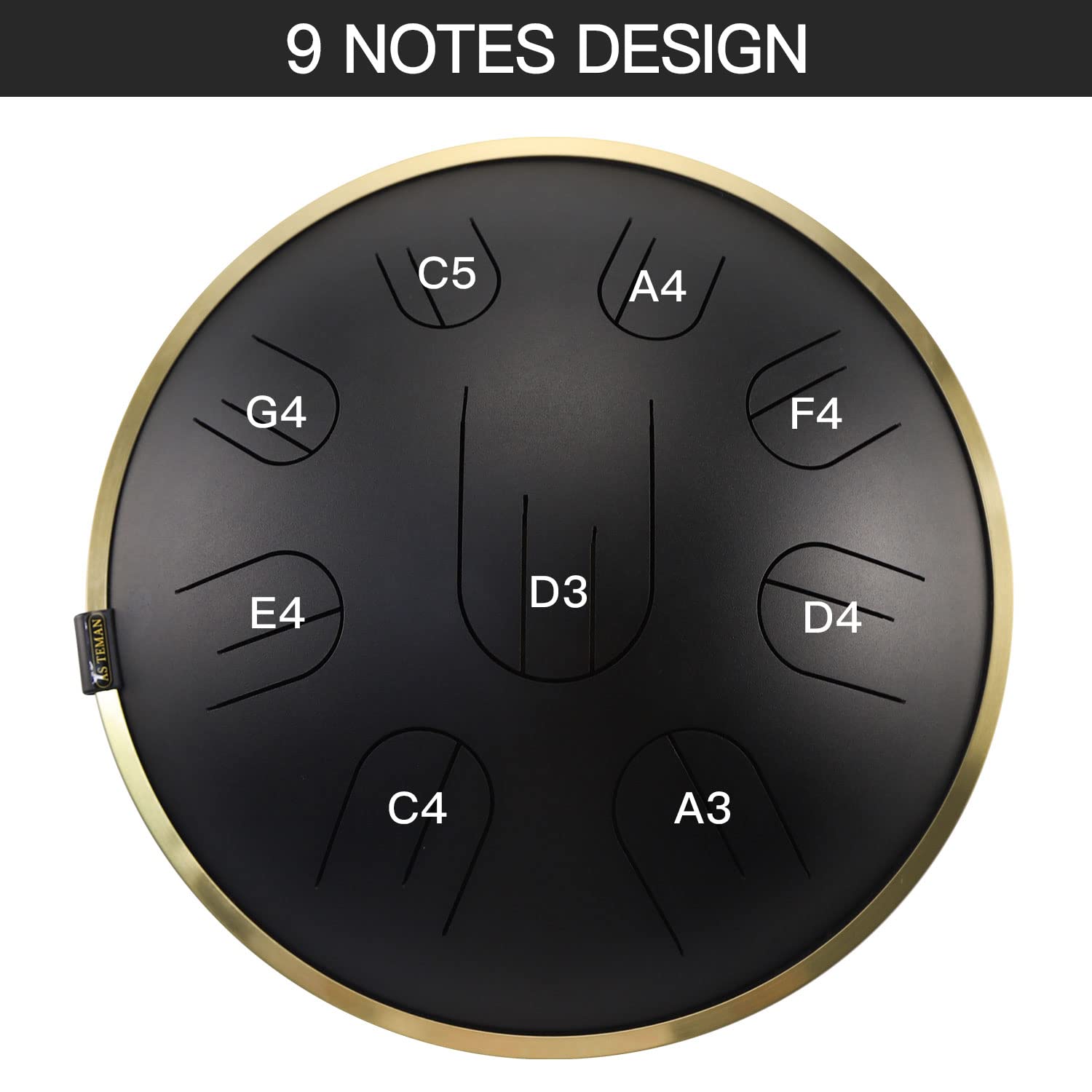 AS TEMAN Steel Tongue Drum 14inche 9Notes handpan in D Amara Percussion Instrument-tank drum-Hank drum,suitable for Meditation Entertainment Musical Education Mind Healing Yoga(Black)